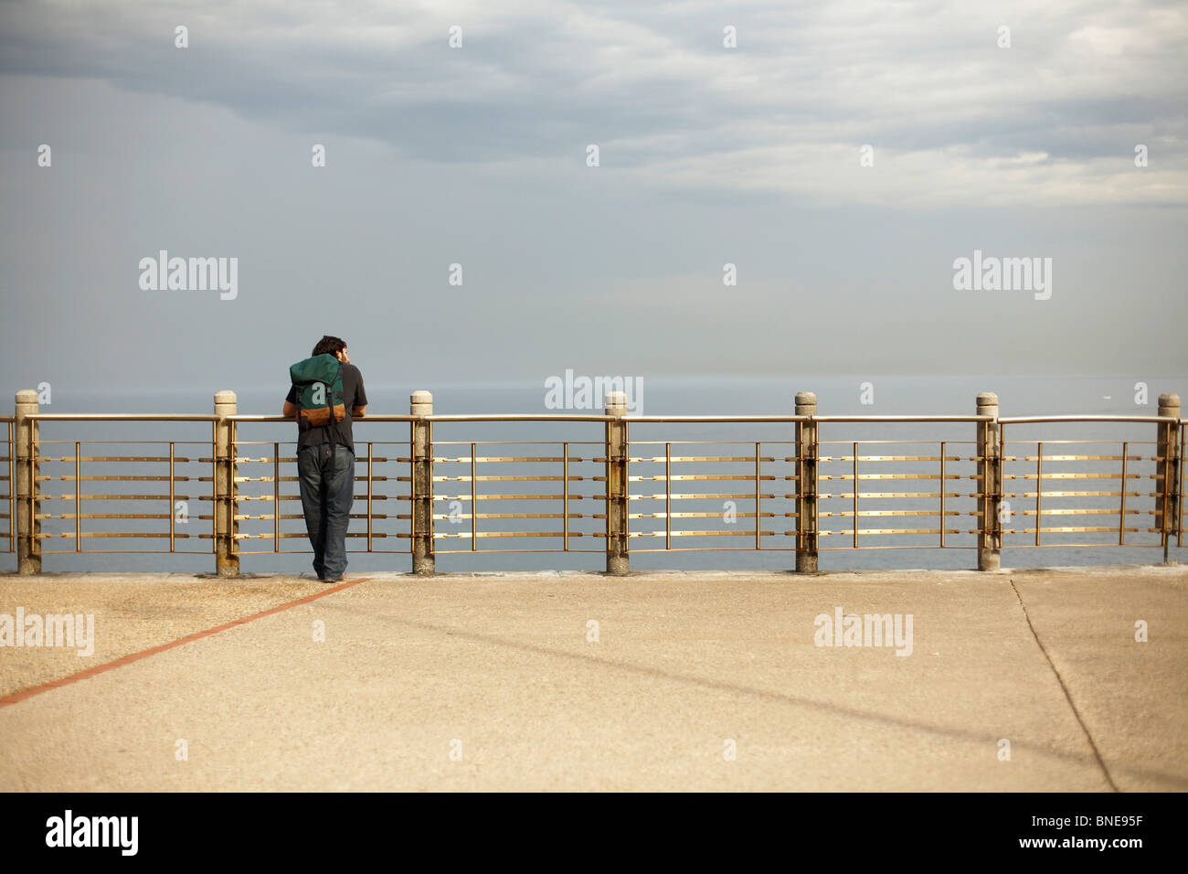 Man looking over railing at the seaside Stock Photo - Alamy