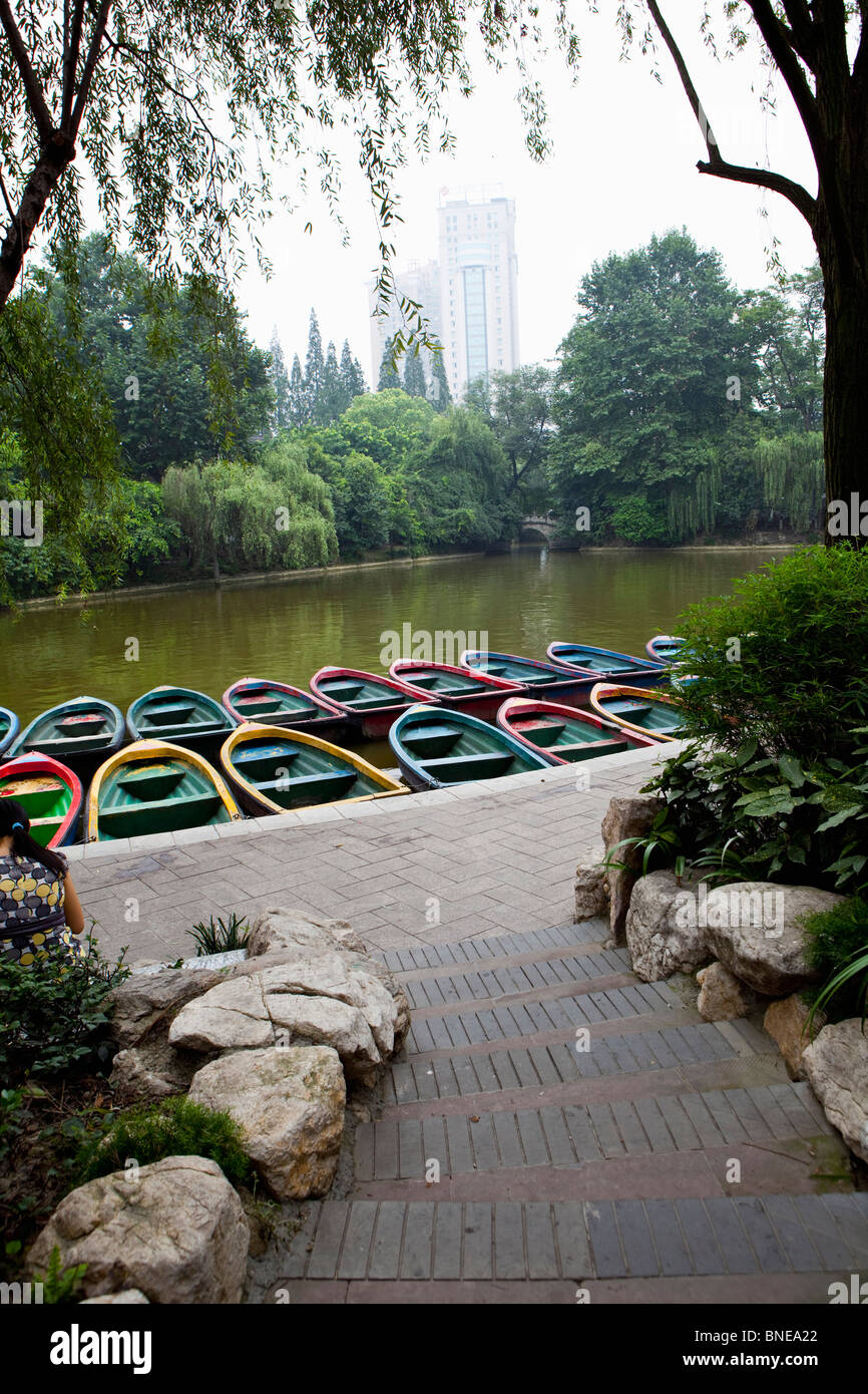 Rental boats in a lake, Chengdu Park, Chengdu, Sichuan Province, China ...