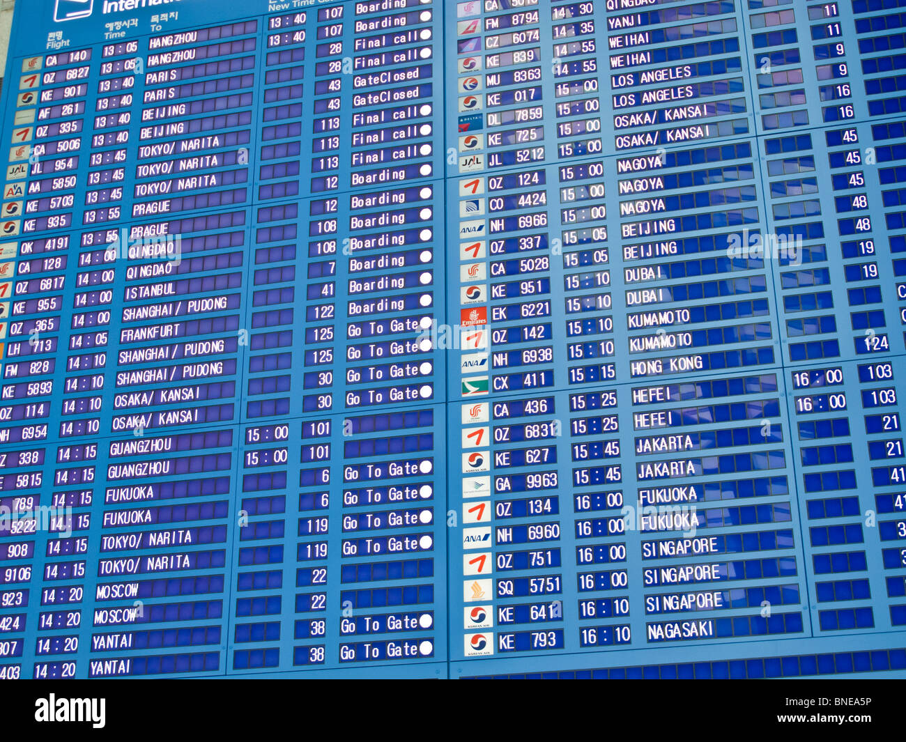 Flight departure board in English, Incheon International Airport ...
