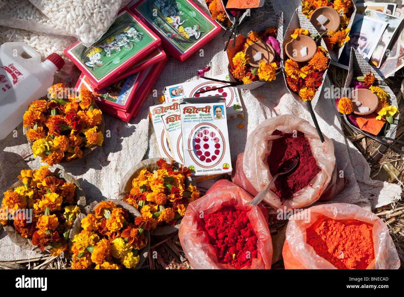 Traditional hindu offerings for sale. Ganges river. Varanasi. India ...