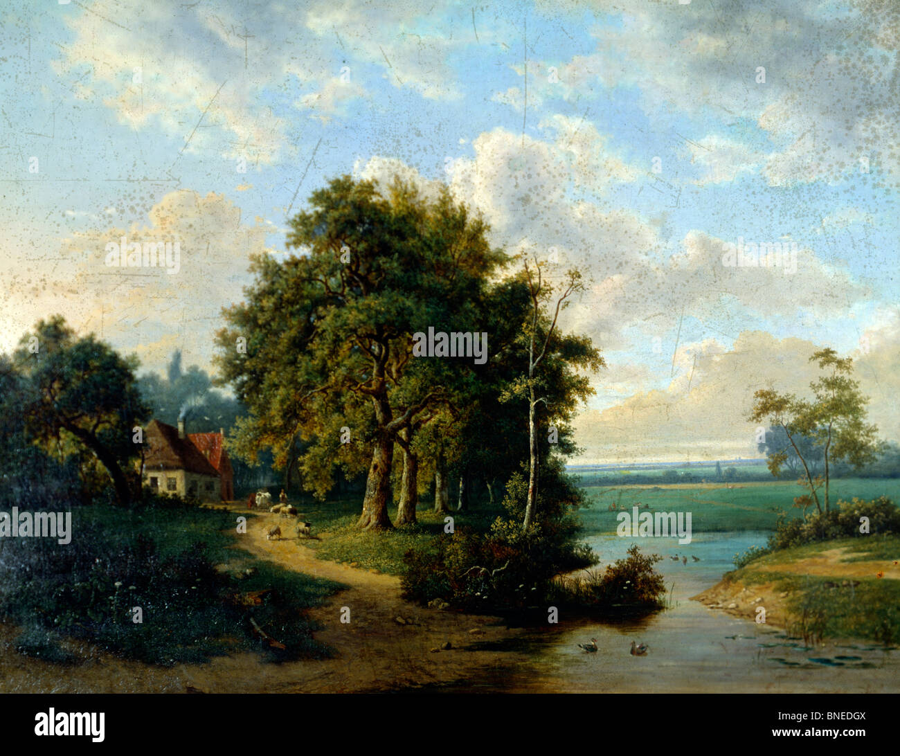 Wooded Landscape with Peasants by C.Brenner, 18th Century Stock Photo ...
