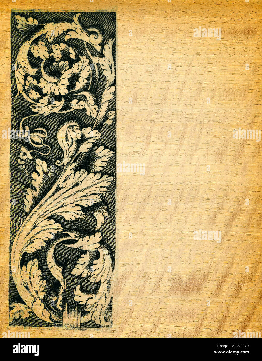 Renaissance engravings on movinka wood Stock Photo - Alamy