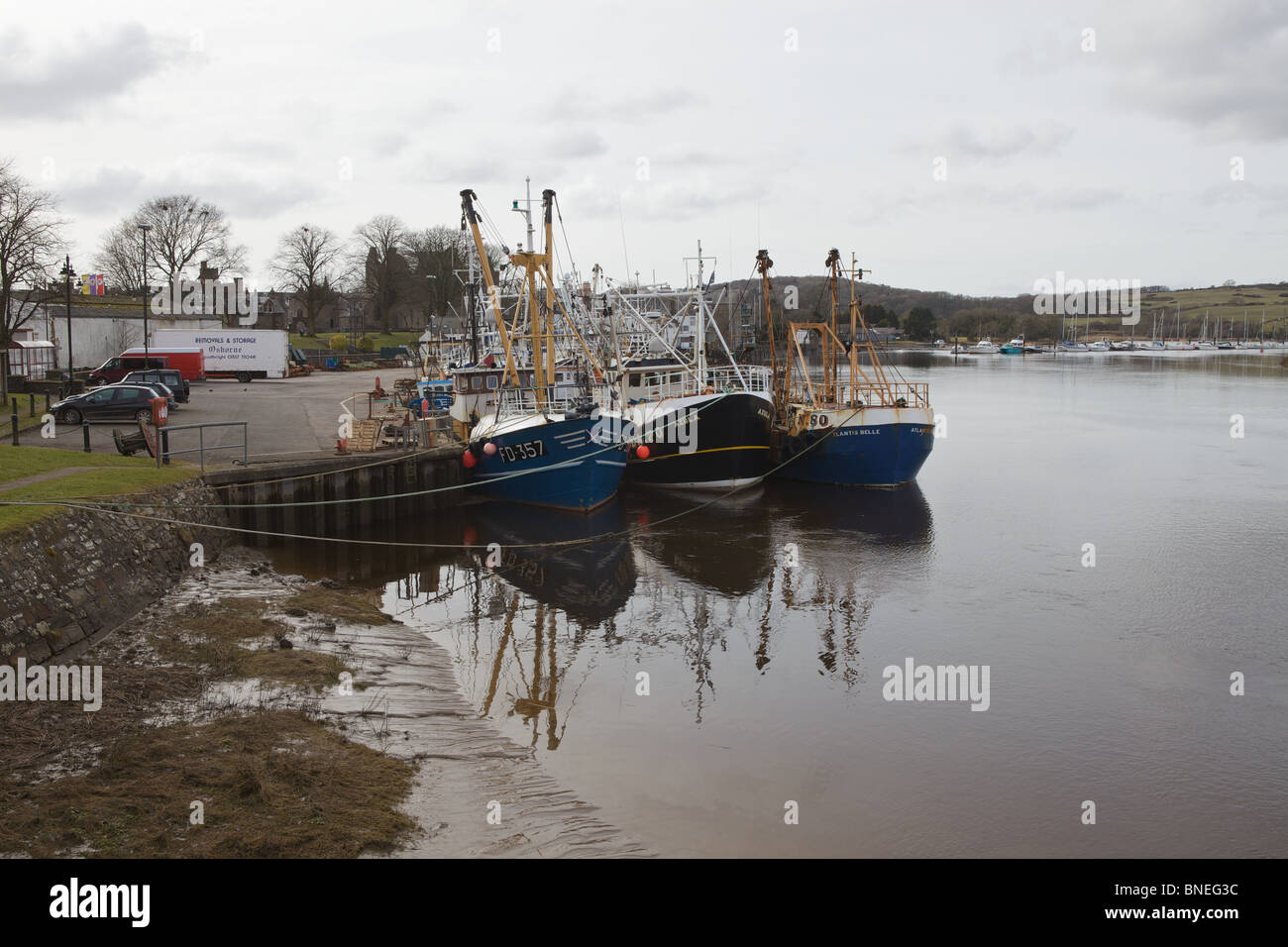 Fishing boats moored in Kirkcudbright harbour, Dumfries & Galloway ...