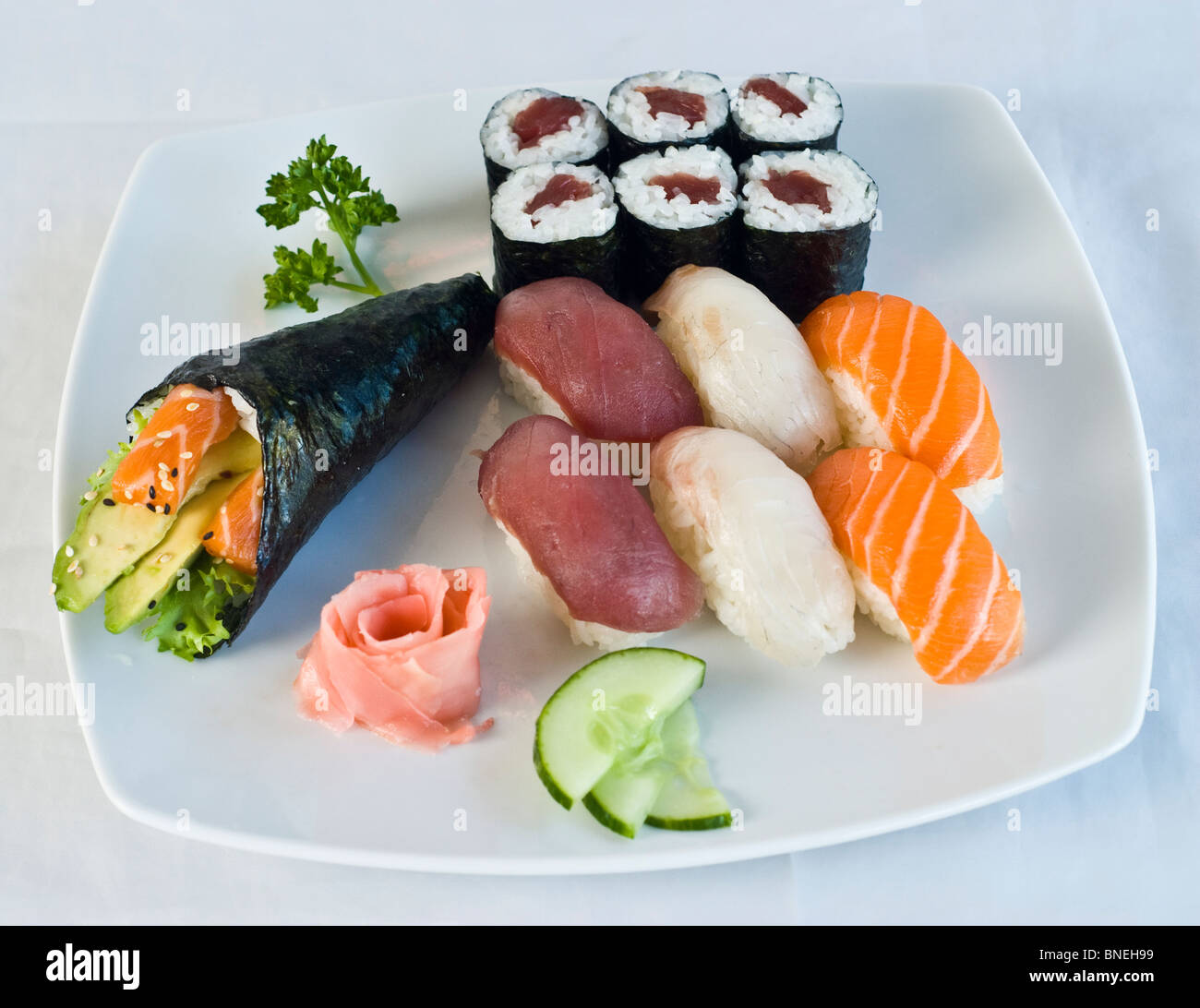 Japanese Food on a Plate, Salmon and Red Tuna Sushi Stock Photo - Alamy