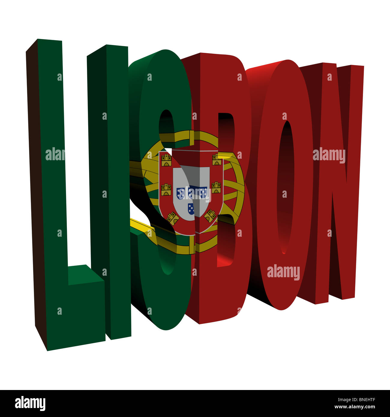 Lisbon 3d text with Portuguese flag on white illustration Stock Photo ...