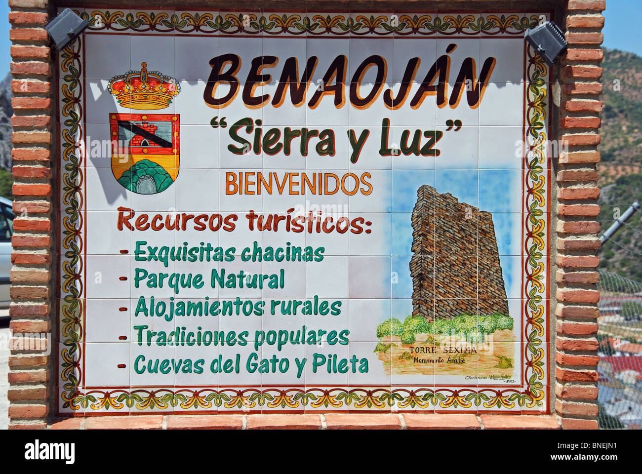 Town welcome sign, Benaojan, Malaga Province, Andalucia, Spain, Western ...