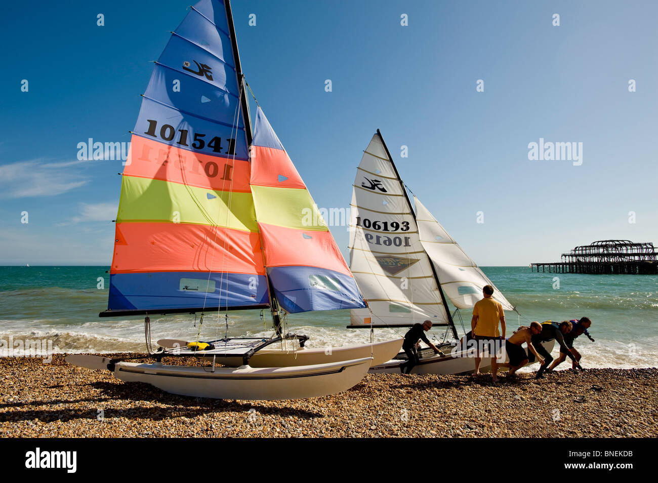 Sailing boats on the beach, Brighton, East Sussex, United Kingdom Stock ...