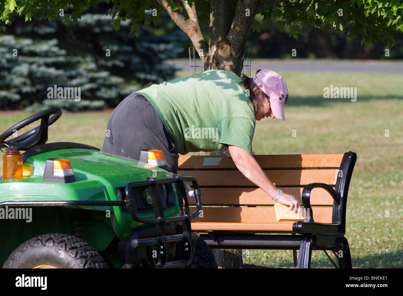 Park worker gardener cleaning a bench Stock Photo - Alamy