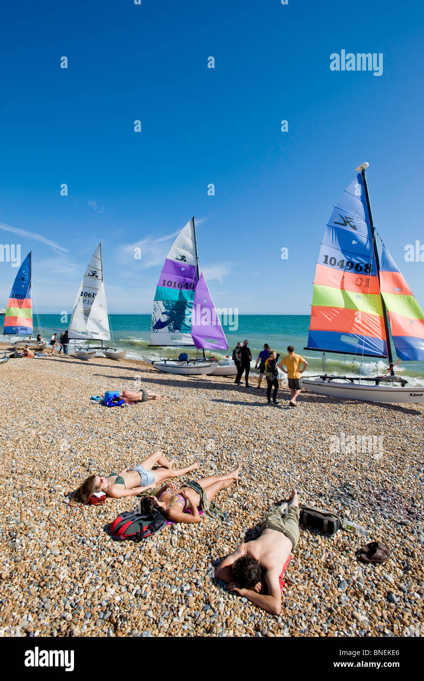 Sailing boats on the beach, Brighton, East Sussex, United Kingdom Stock ...