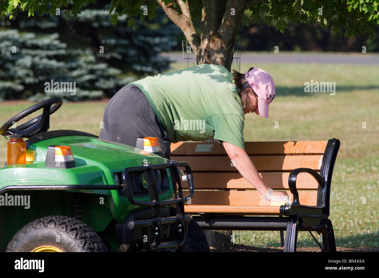 Park worker gardener cleaning a bench Stock Photo - Alamy