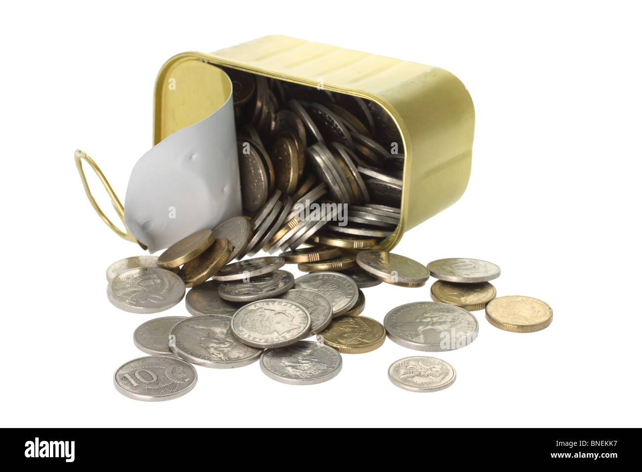 Coins Spilling Out of Tin Can Stock Photo - Alamy