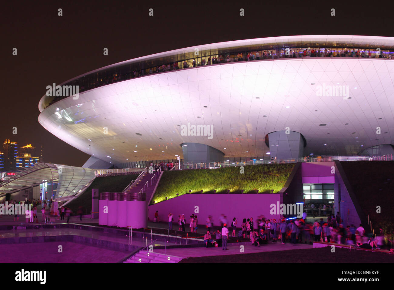 Expo Culture Center at night. UFO shaped building. 2010 Shanghai World ...