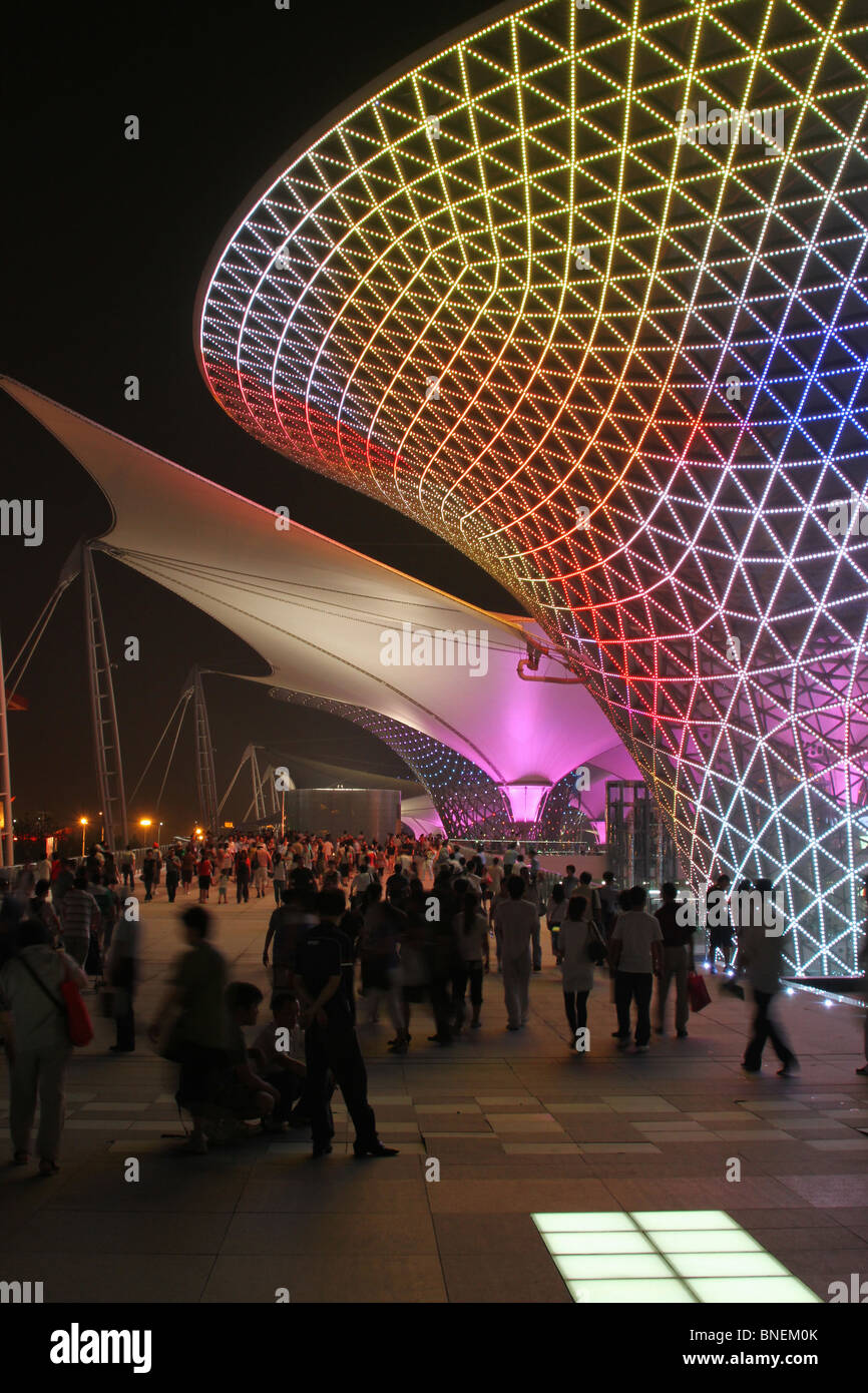 A lighted Sun Valley on the Expo Axis street at night. 2010 Shanghai ...