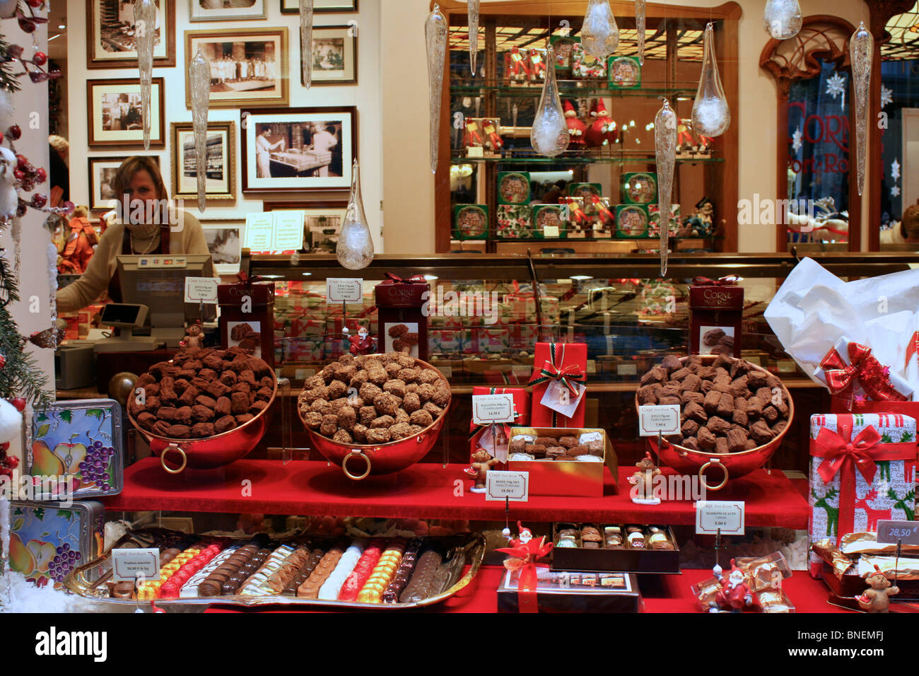 Chocolate truffle and foiled sweet window display in the Corne Port ...