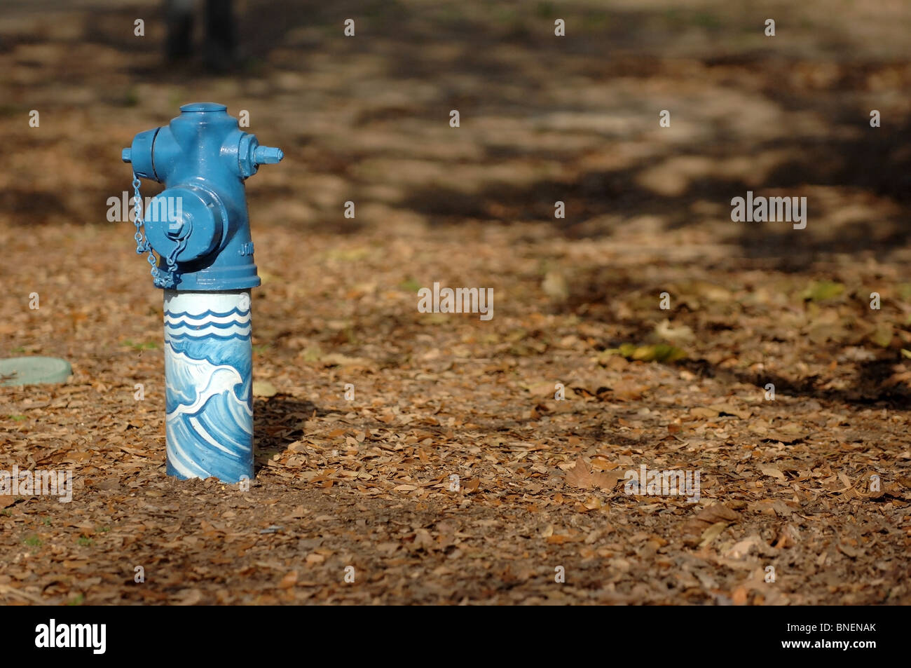Artistically painted blue fire hydrant with a water theme Stock Photo ...