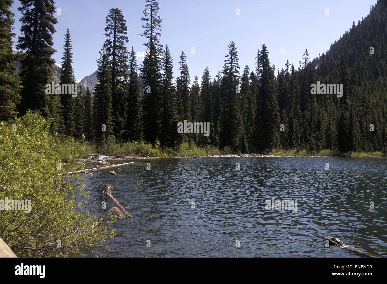 Rainy Lake in the North Cascades National Park with blue skies located ...