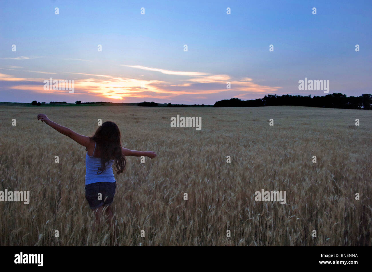 Two young girls enjoy the tranquility of a secluded golden winter wheat ...