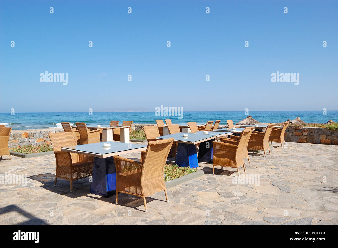 Sea view relaxation area of luxury hotel's restaurant, Crete, Greece ...