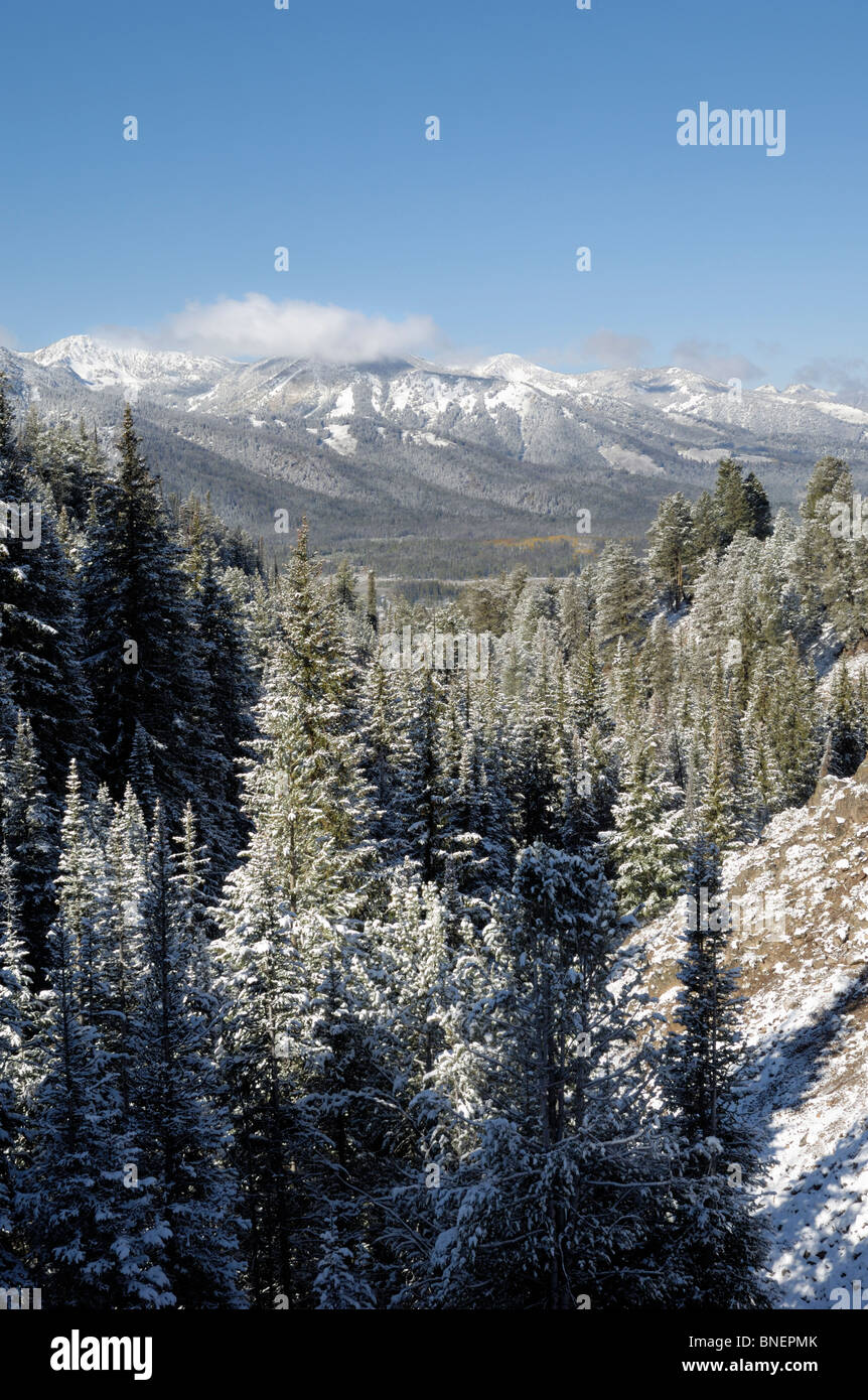 View of the Salmon River / Sawtooth Valley in first winter snow, Idaho ...