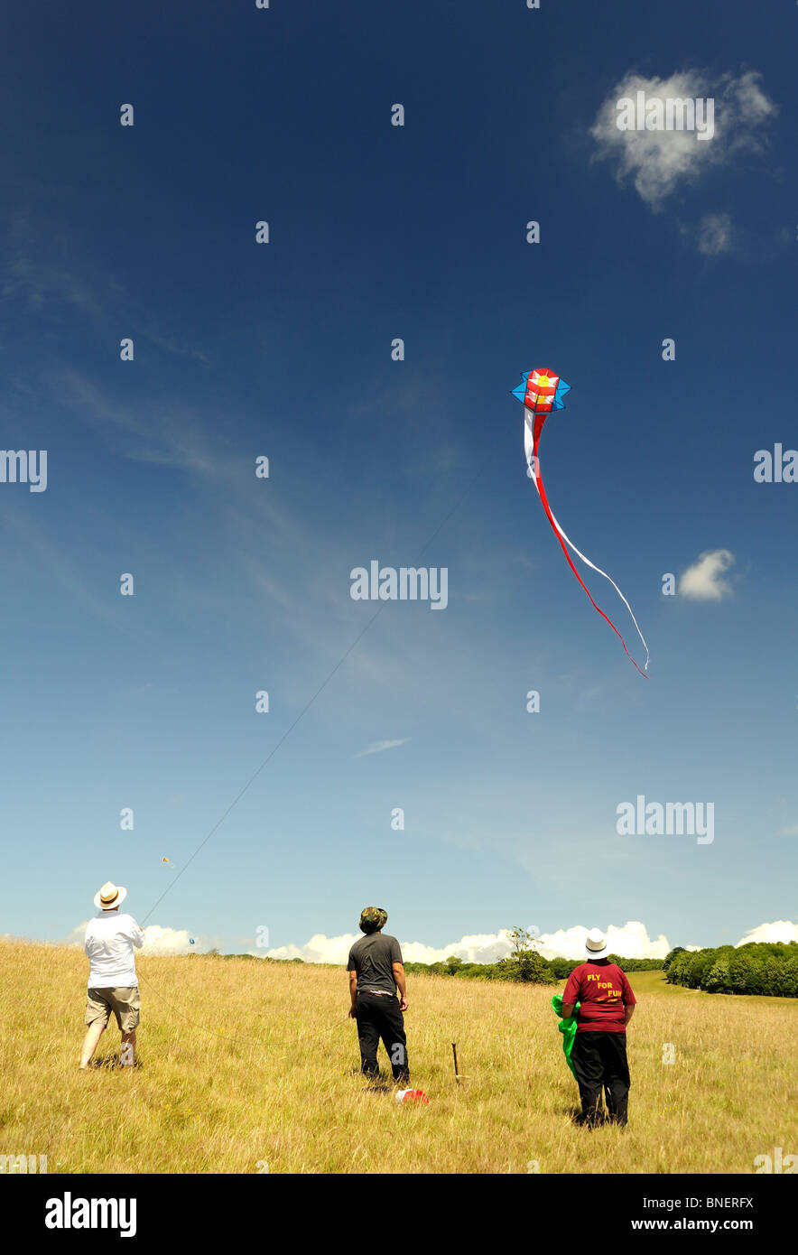 Three men flying a kite Stock Photo - Alamy