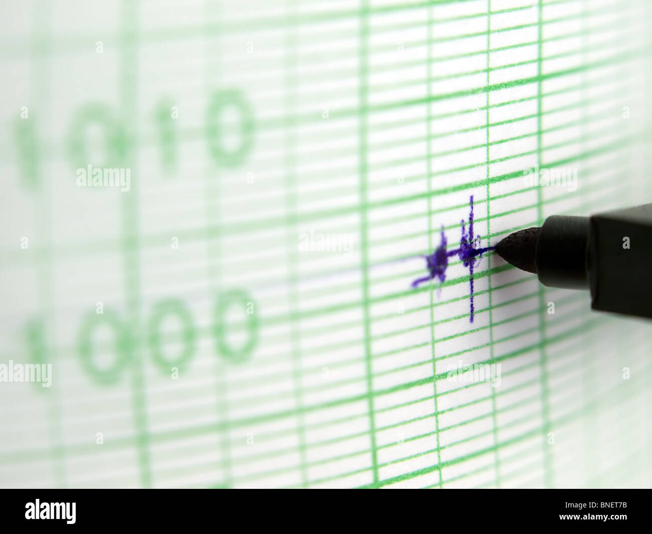 macro shot of a needle drawing the blue line ,showing weak erratic ...