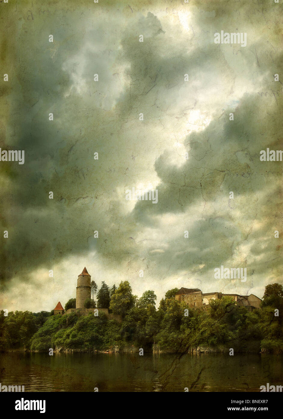Grunge image of Zvikov Castle with stormy clouds Stock Photo - Alamy