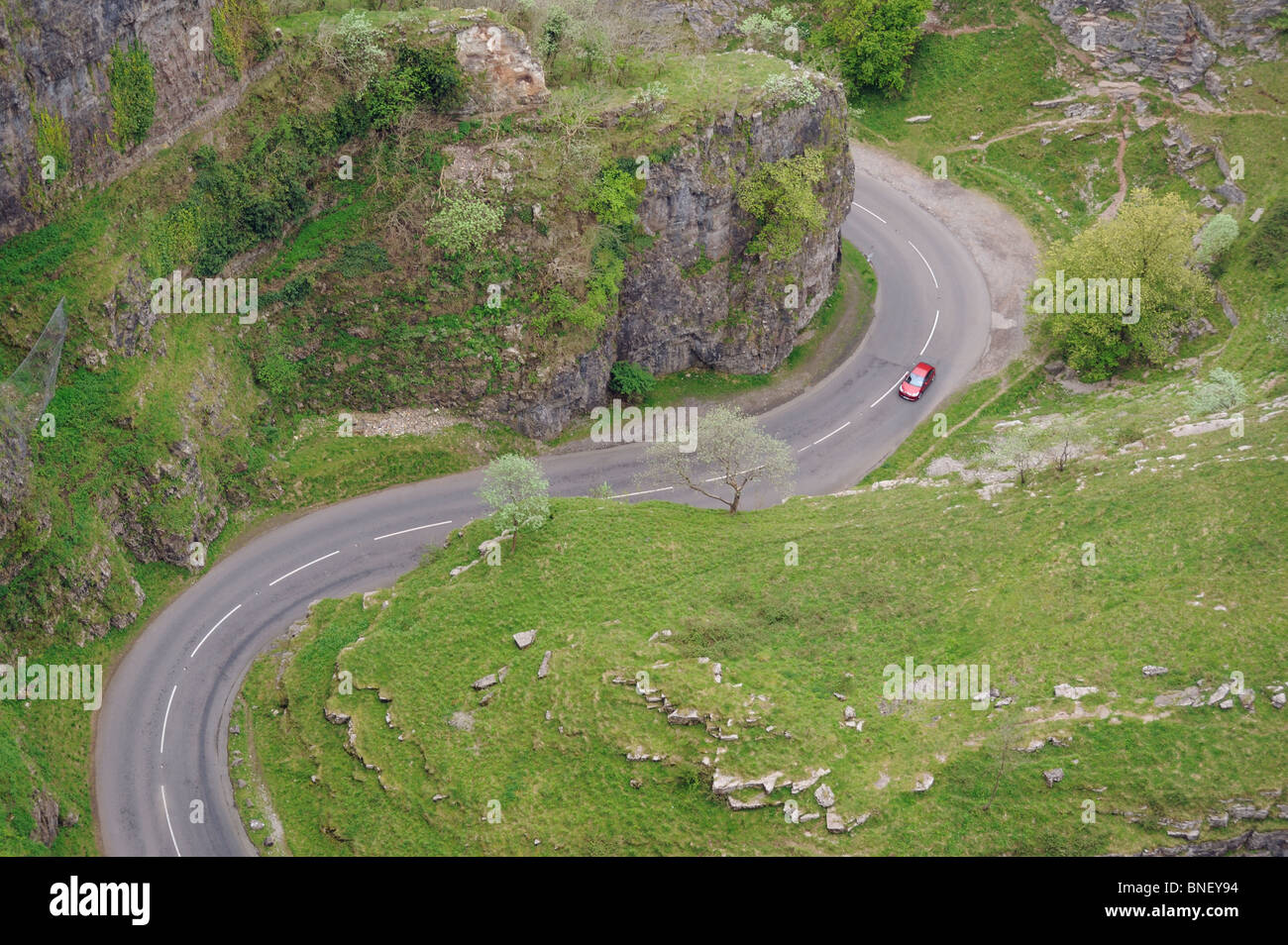 The road through Cheddar Gorge seen from the cliff path, Somerset, UK ...