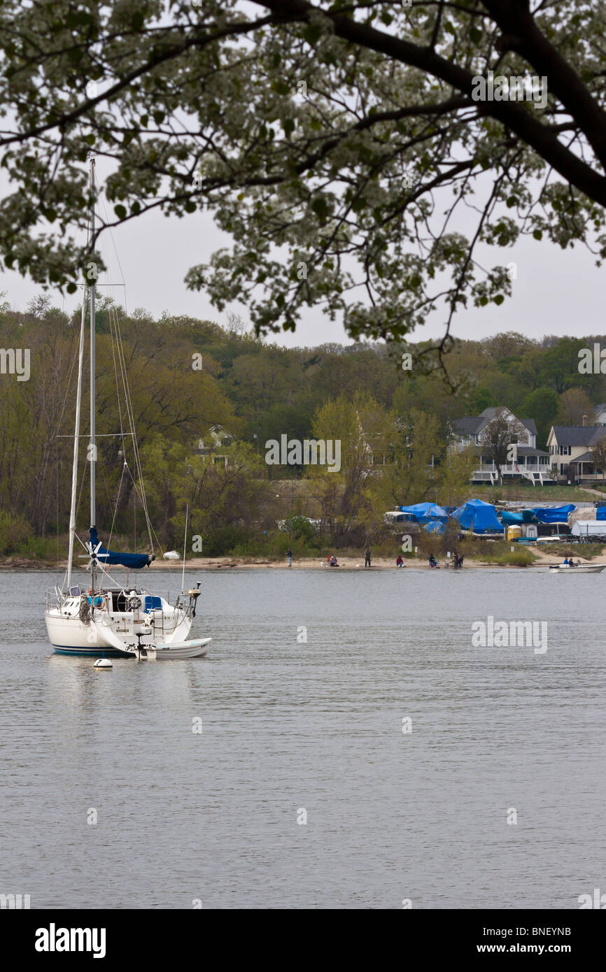 Lake Michigan at Holland Michigan MI one sail boat sailing on a lake ...