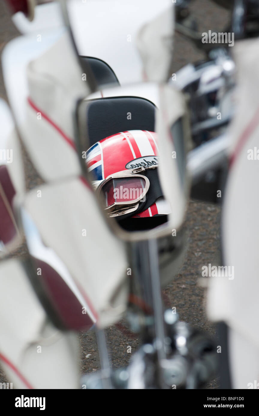 Union Jack helmet reflected in the mirrors on a Lambretta scooter Stock ...