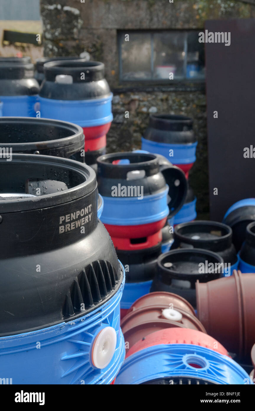 Plastic beer casks/kegs stacked outside the Penpont brewery in Cornwall ...