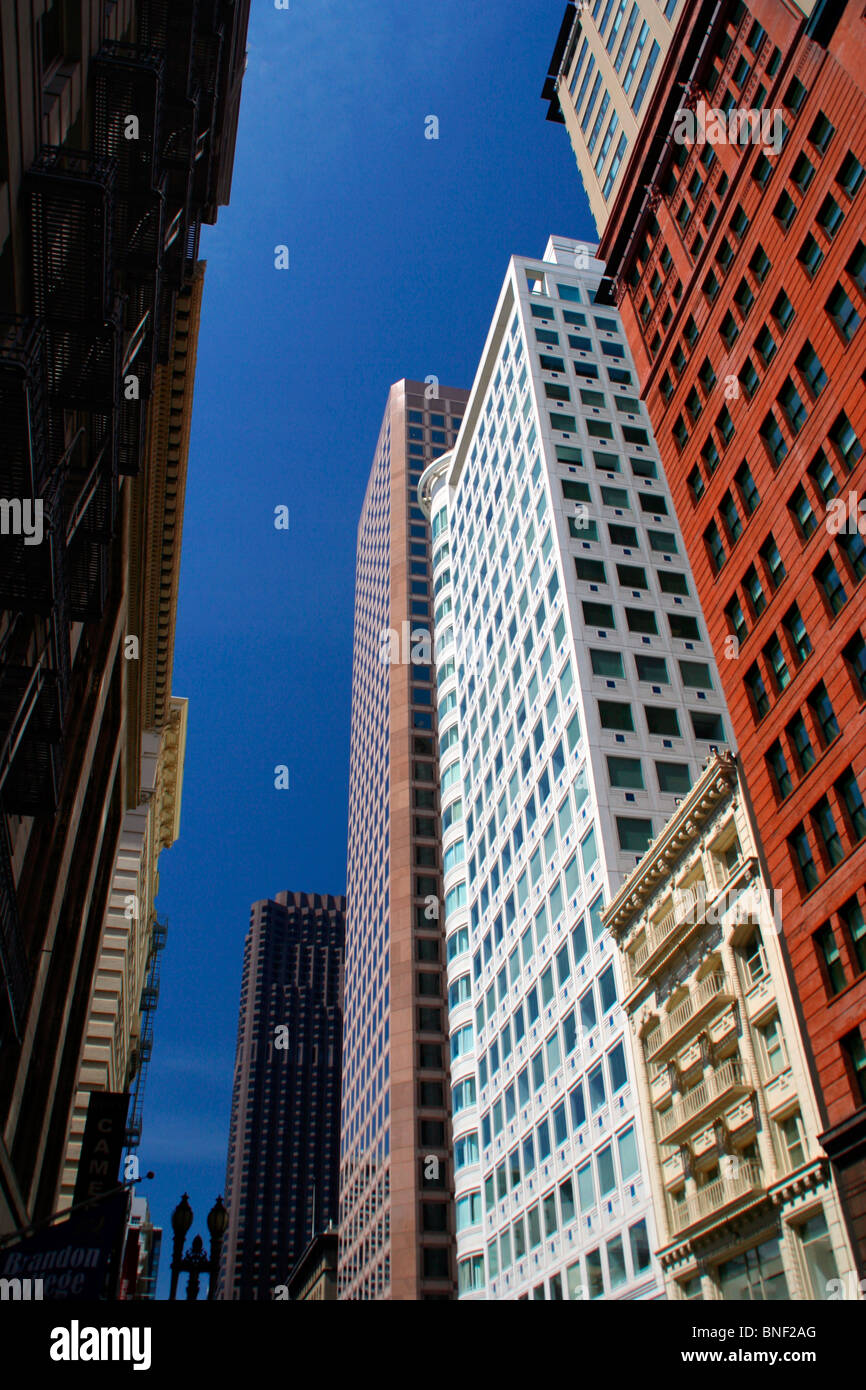 Low angle view of buildings in a city, Market Street, San Francisco ...