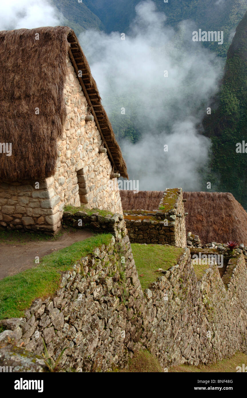 High angle view of restored Inca houses, Machu Picchu, Urubamba River ...