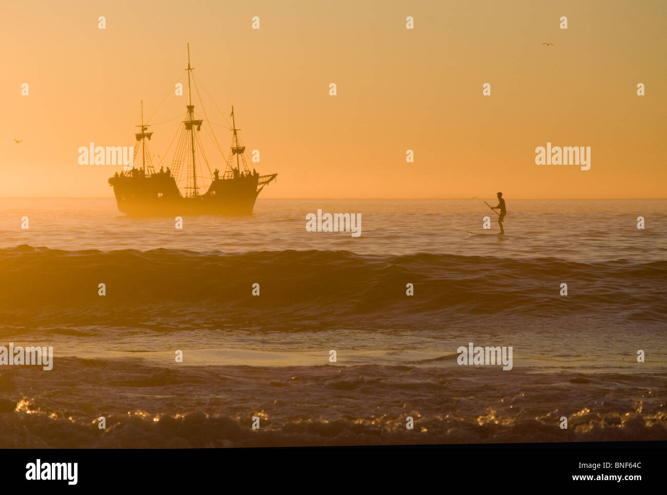 Sailing ship and surfer paddling board at sunset, Clifton Beach, Cape ...