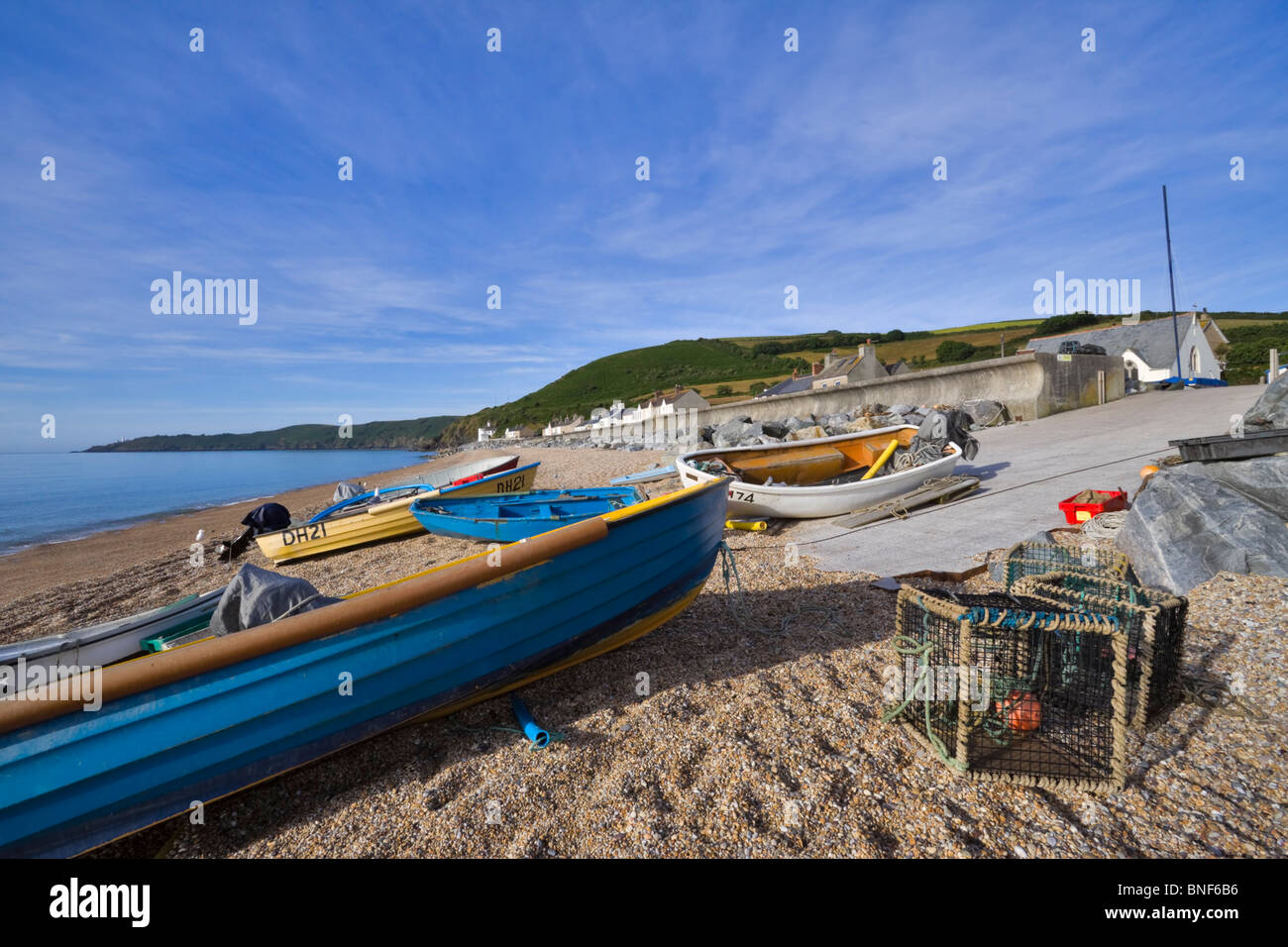 Beesands, South Hams, Devon. Fishing dinghies drawn up on the pebble ...