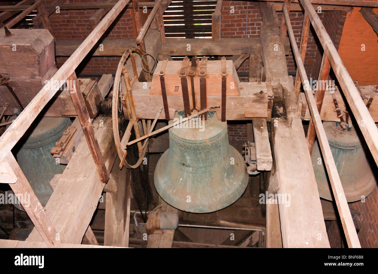 Church bell with wooden support structure, Wismar, Germany Stock Photo ...