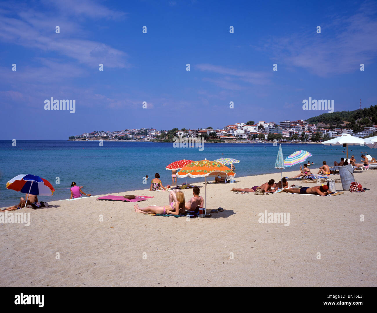 Beach scene at Neos Marmaras, a popular resort on the Sithonia ...