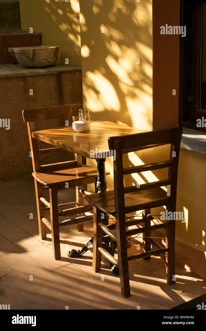 Breakfast table in the morning light with condiments ready and the ...