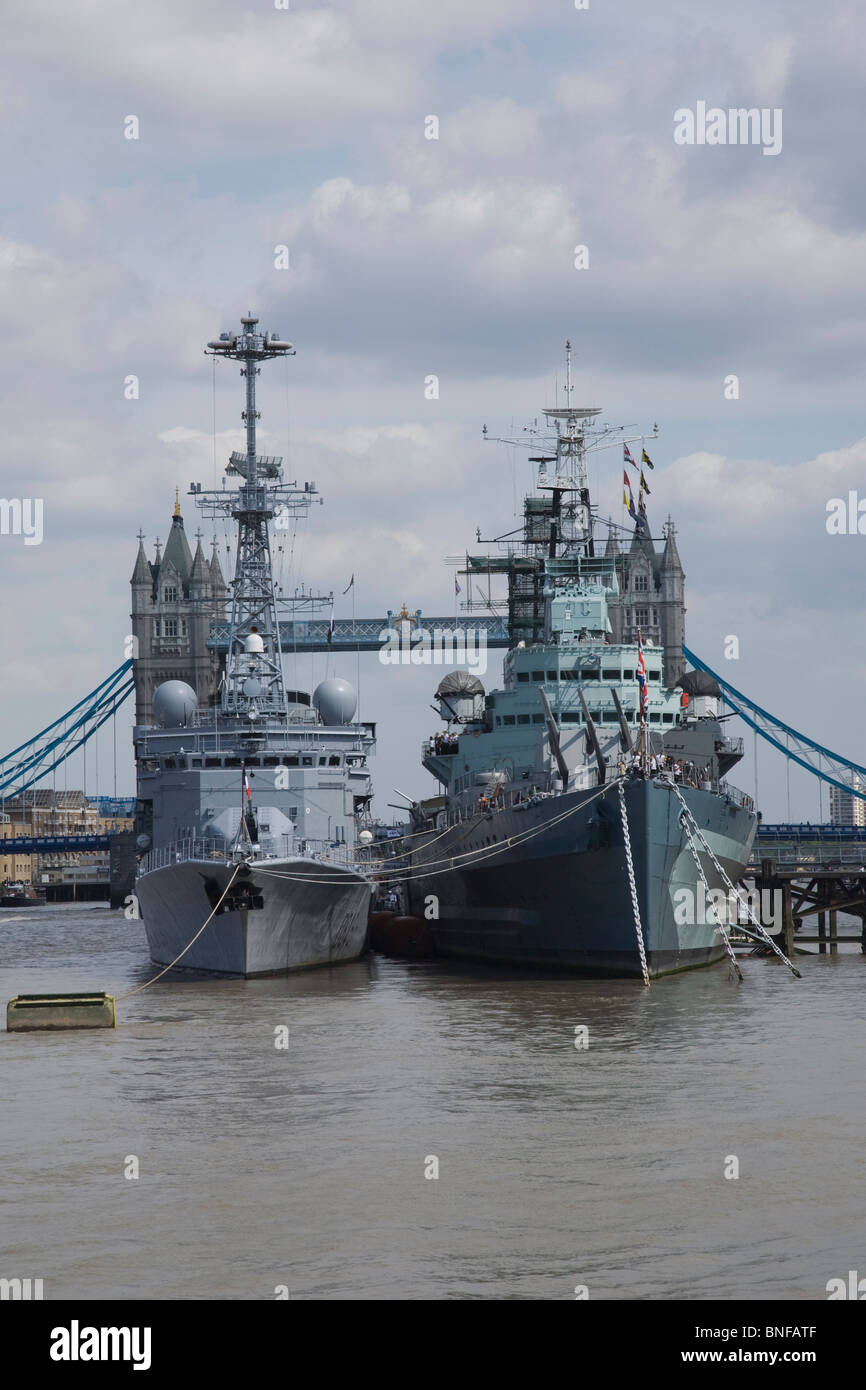 UK, England, London, French Warship next to HMS Belfast and Tower ...