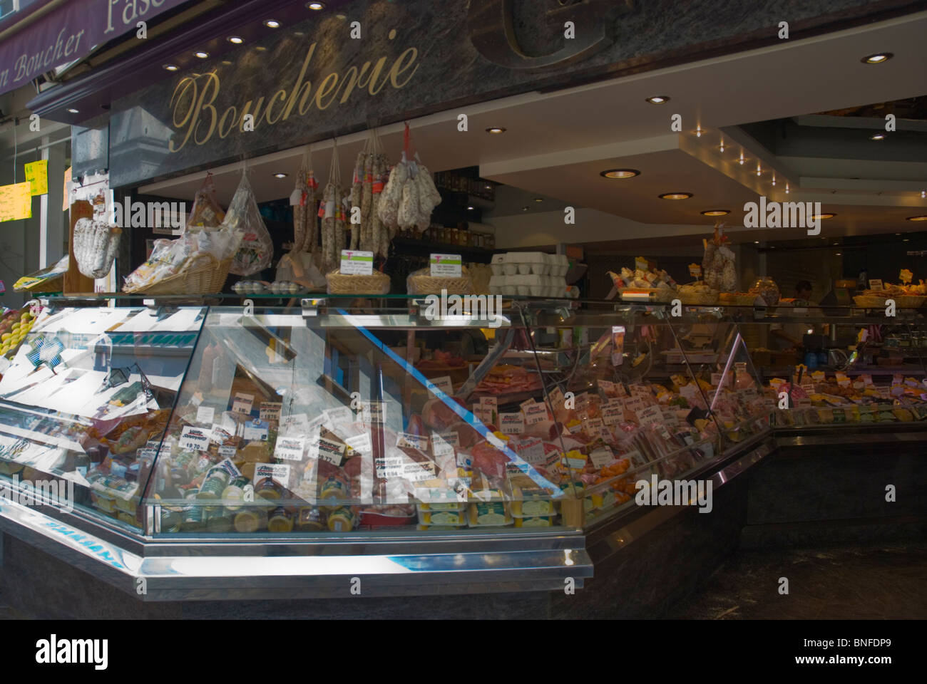 Butcher shop Rue Mouffetard street Latin Quarter Paris France Europe ...