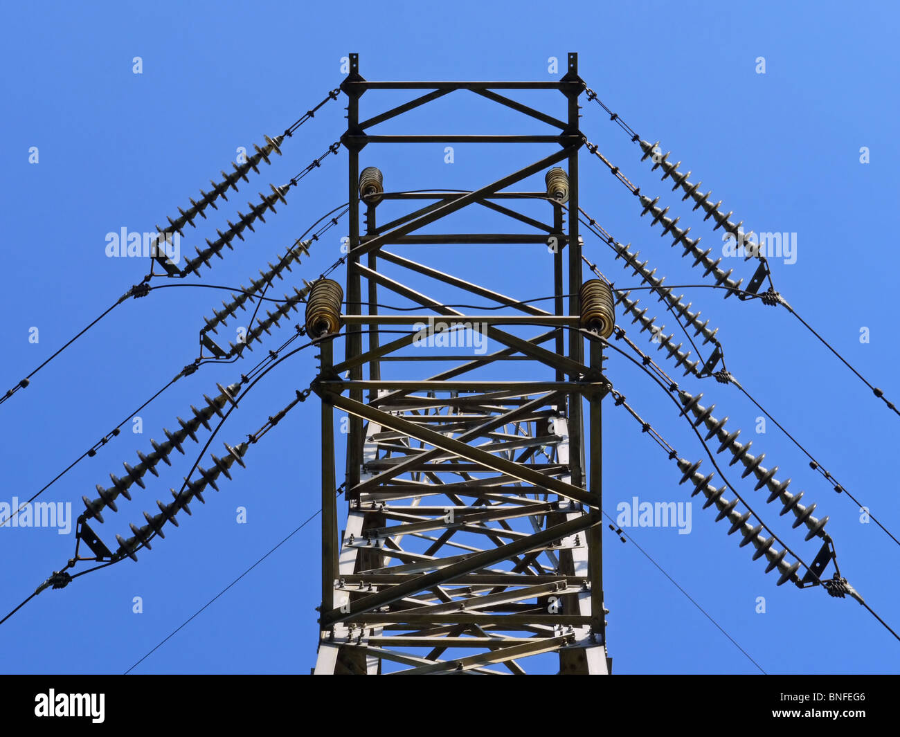 High-tension power line transmission tower (detail), Moscow, Russia ...