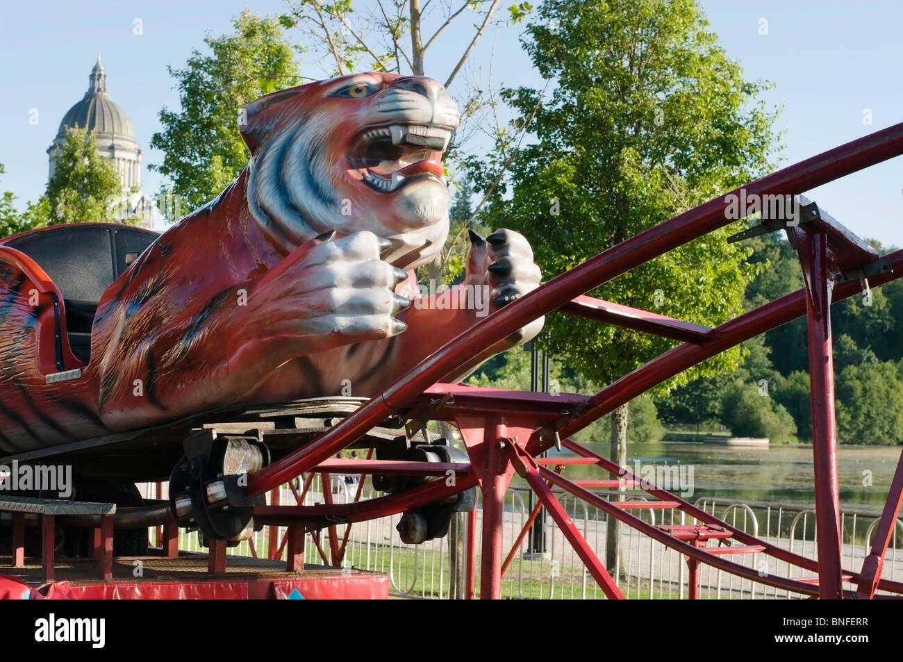 A children's tiger roller coaster is set up for the Capital Lakefair ...