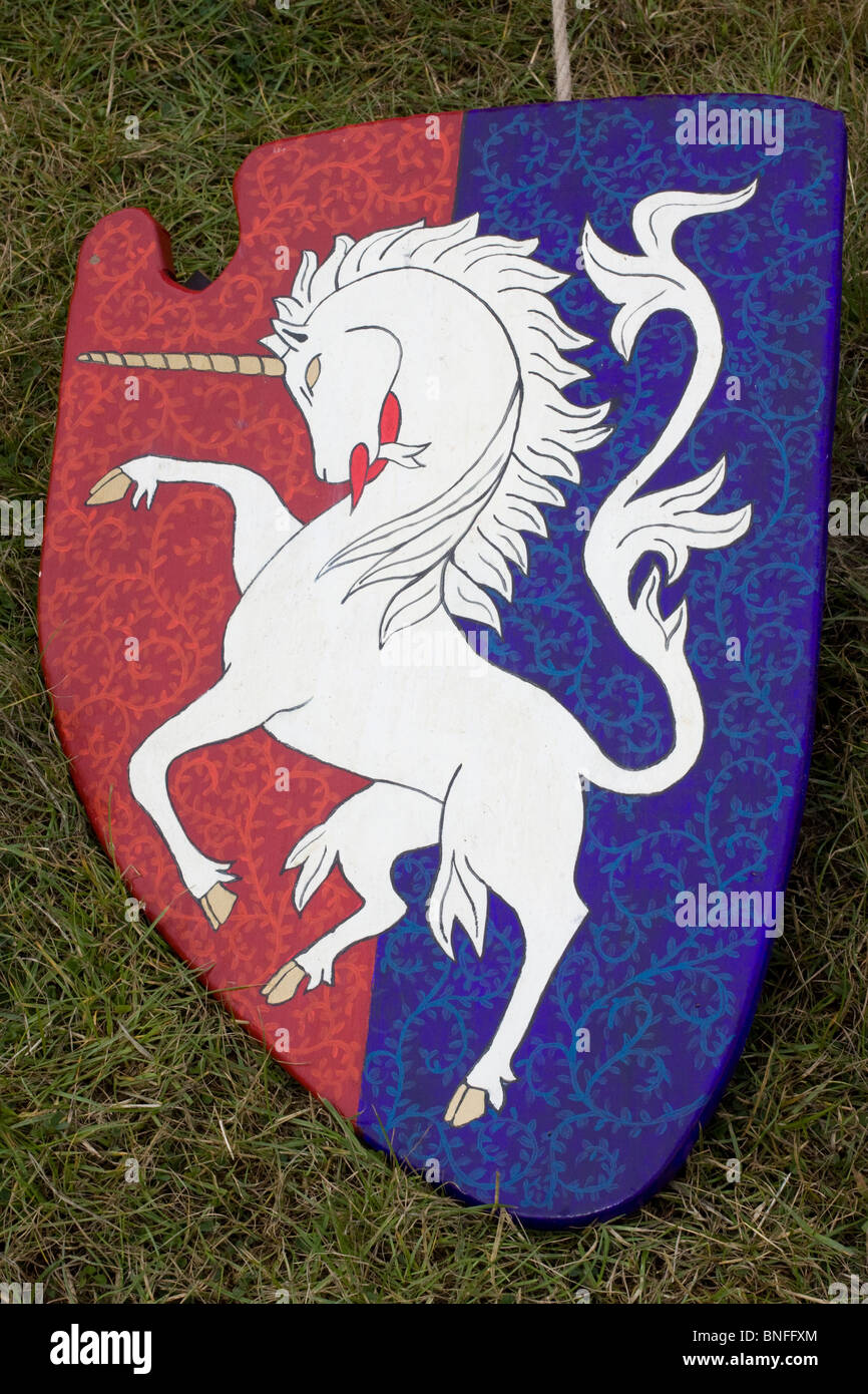 A unicorn Shield at a medieval festival in Northamptonshire Stock Photo ...