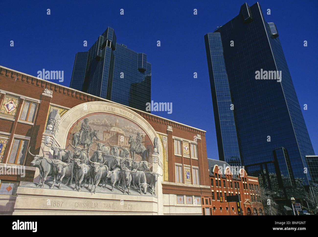 The mural of a cattle drive on the Chisolm Trail in the historic ...