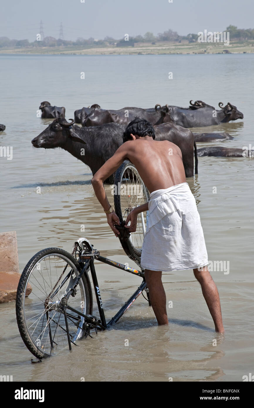Man cleaning his bicycle. Ganges river. Varanasi. India Stock Photo - Alamy