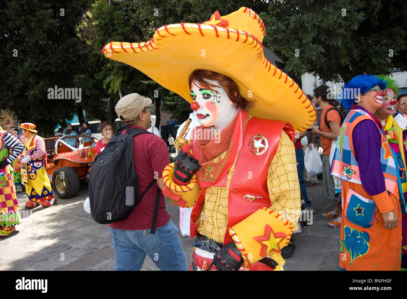 Cowboy clown during a clown parade in Mexico city with clowns from ...