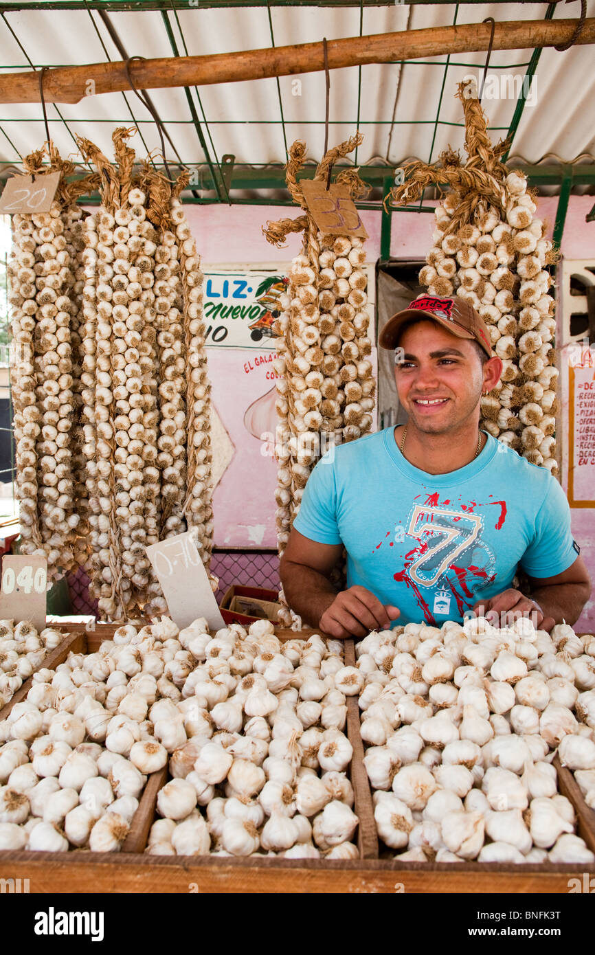 Garlic seller at a 'Kiosk' Local farmers market Cuba Stock Photo - Alamy