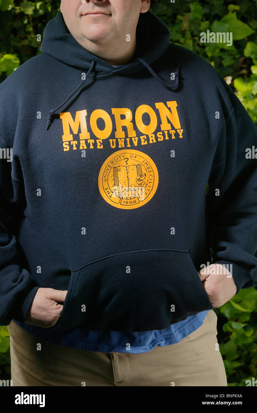 Middle-aged Man Wearing Moron Sweatshirt Stock Photo - Alamy