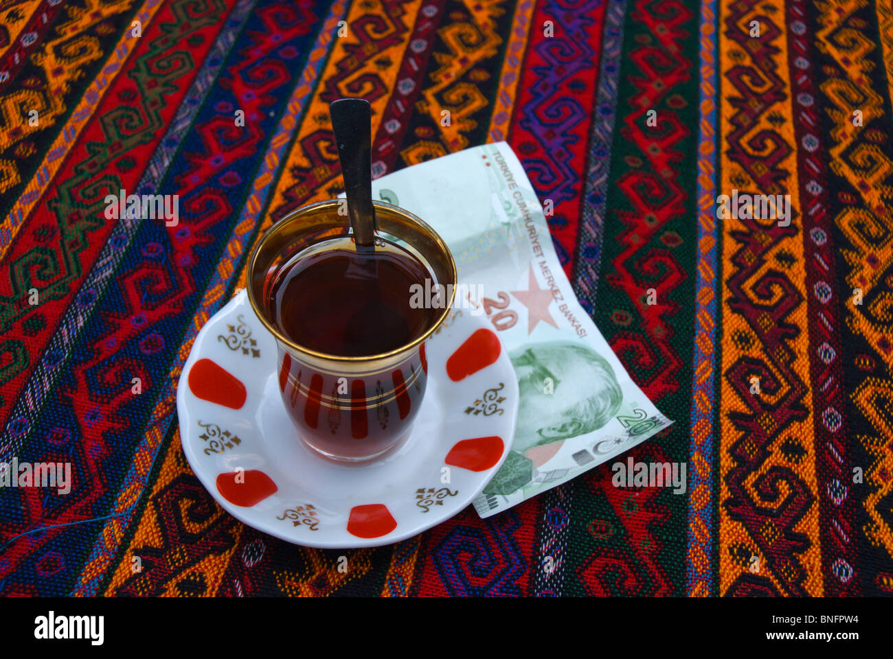 Caj the turkish tea with 20 lira note Istanbul Turkey Europe Stock ...
