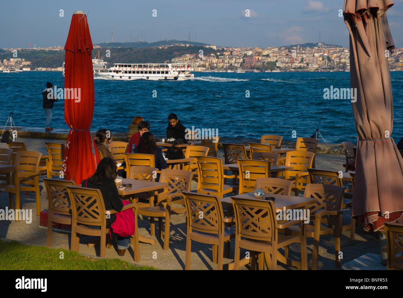 Cafe terrace by Bosphorous Findikli parki park Beyoglu Istanbul Turkey ...
