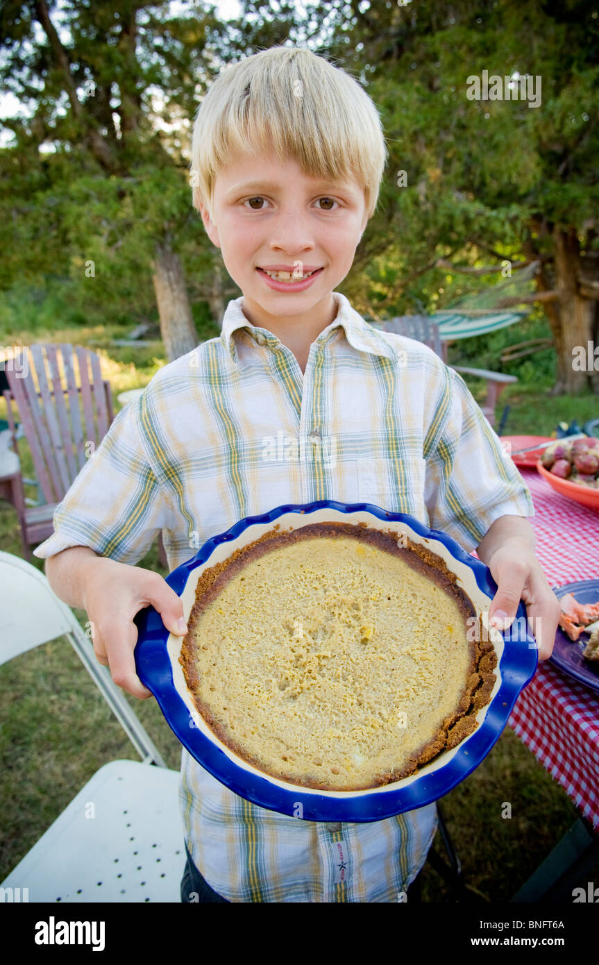 Boy with homemade pie, Bozeman, Gallatin County, Montana, USA Stock ...